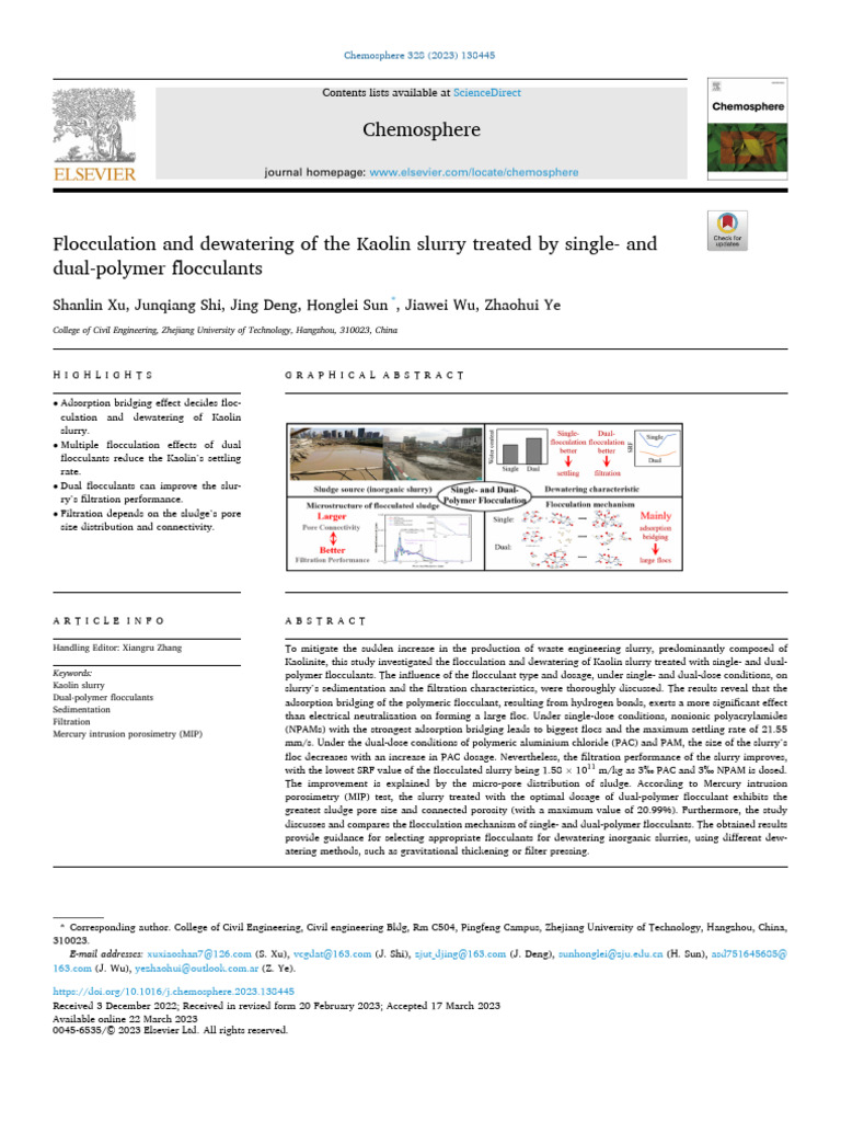 Flocculation and Dewatering of The Kaolin Slurry Treated by Sin - 2023 ...