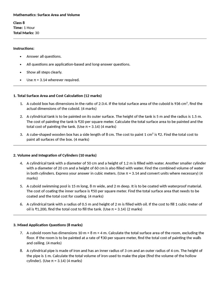 IGCSE Grade 8 Mathematics Surface Area Volme | PDF