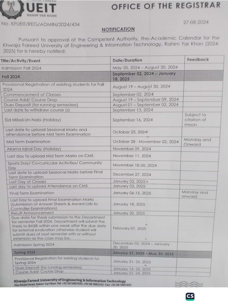 Academic Calendar Notification 2024-25 KFUEIT | PDF