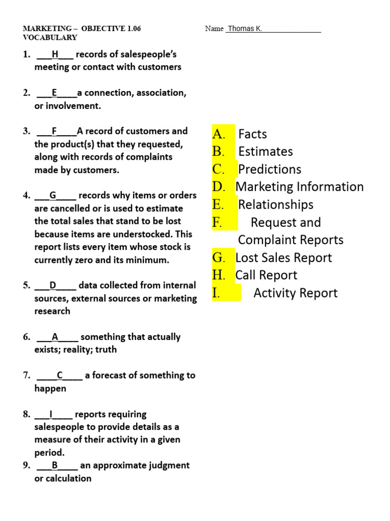 1.06 Vocabulary Matching | PDF