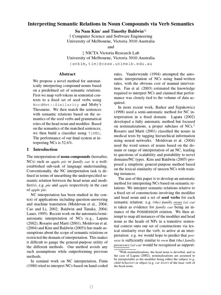 Interpreting Semantic Relations in Noun Compounds Via Verb Semantics | PDF
