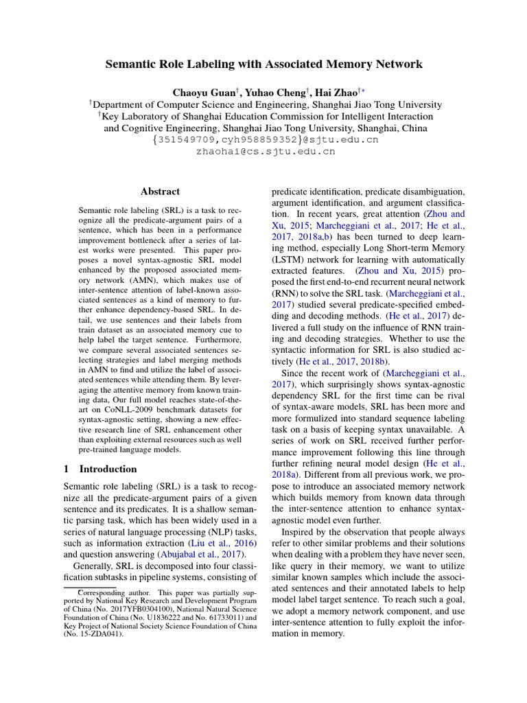Semantic Role Labeling With Associated Memory Network: Chaoyu Guan, Yuhao Cheng, Hai Zhao | PDF