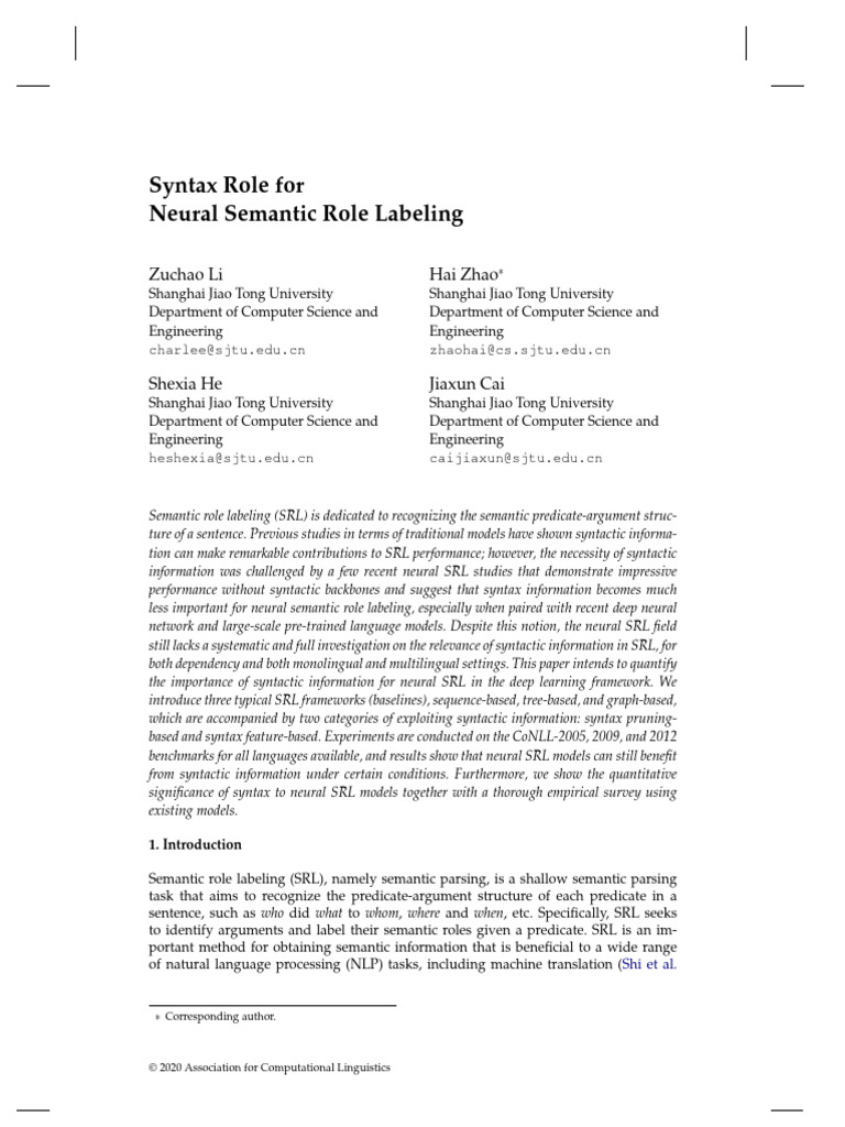 Syntax Role For Neural Semantic Role Labeling: Zuchao Li Hai Zhao | PDF