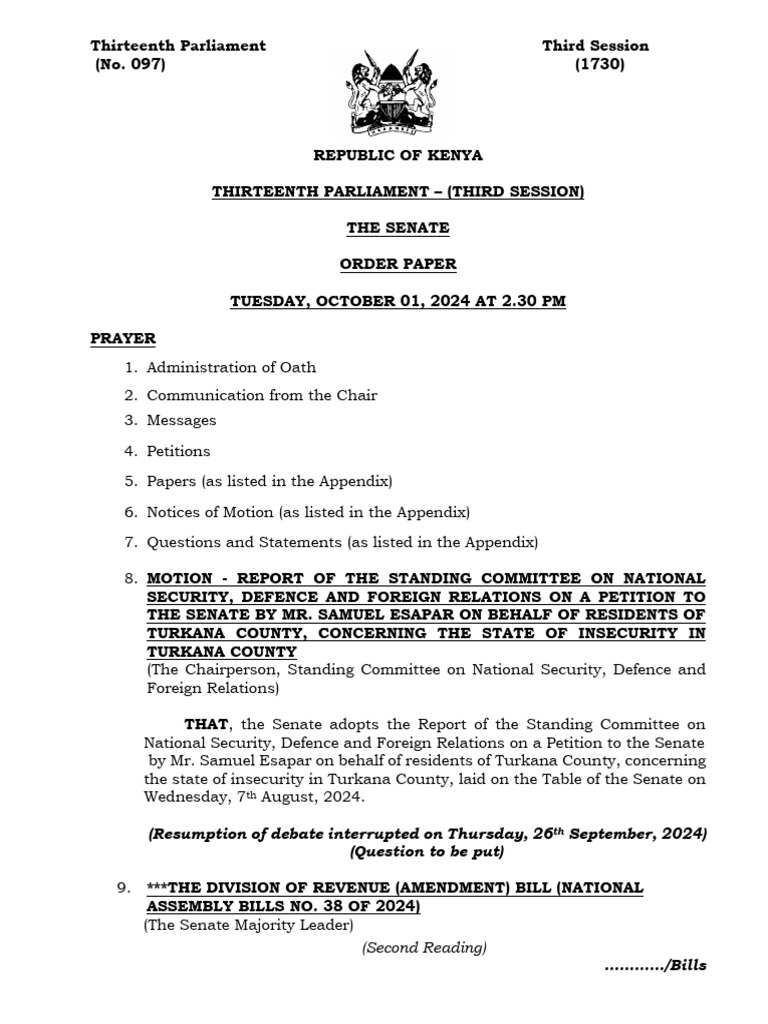 Kenya Senate Order Paper - Oct 1, 2024 | PDF | United States Senate ...