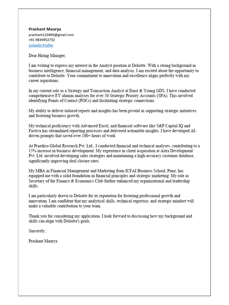 Cover Letter Deloitte | PDF