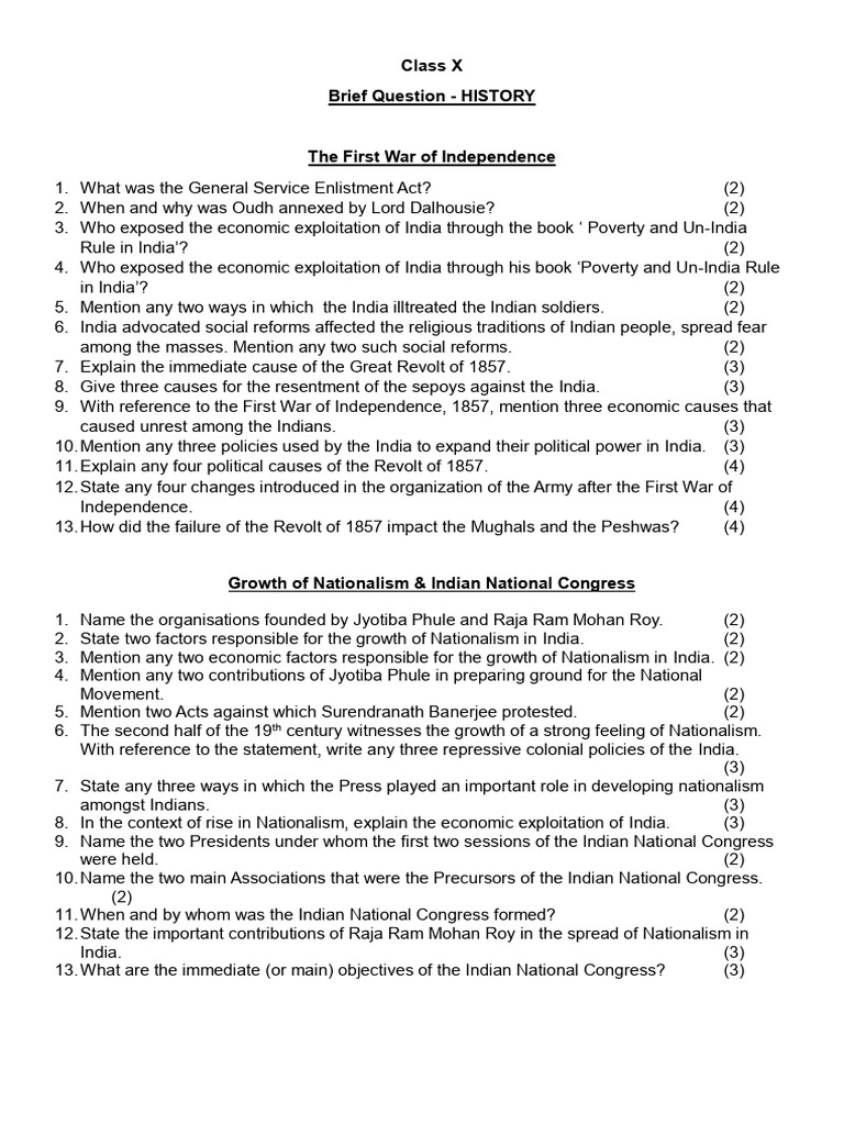 Brief Questions (Revision) Class X | PDF