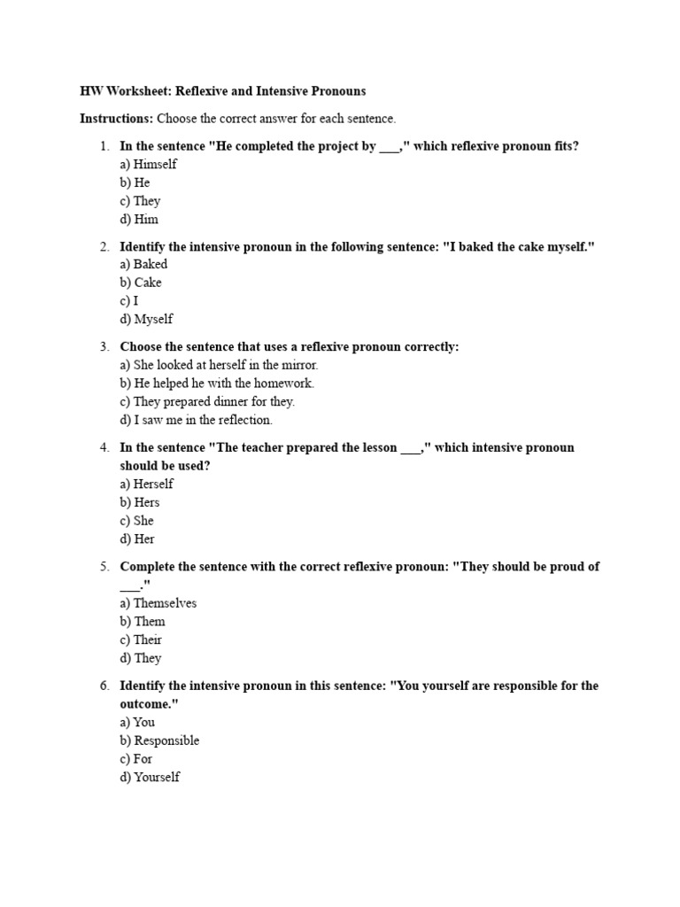 HW Reflexive and Intensive Pronouns | PDF | Syntax | Linguistics