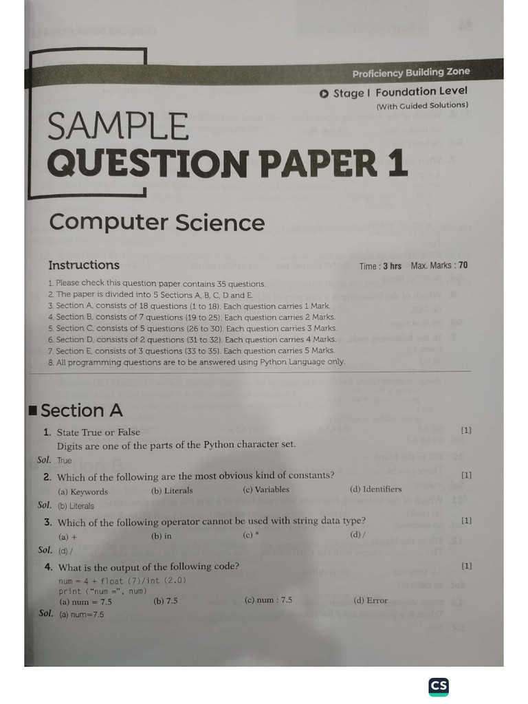 Sample Paper - 1 CS | PDF