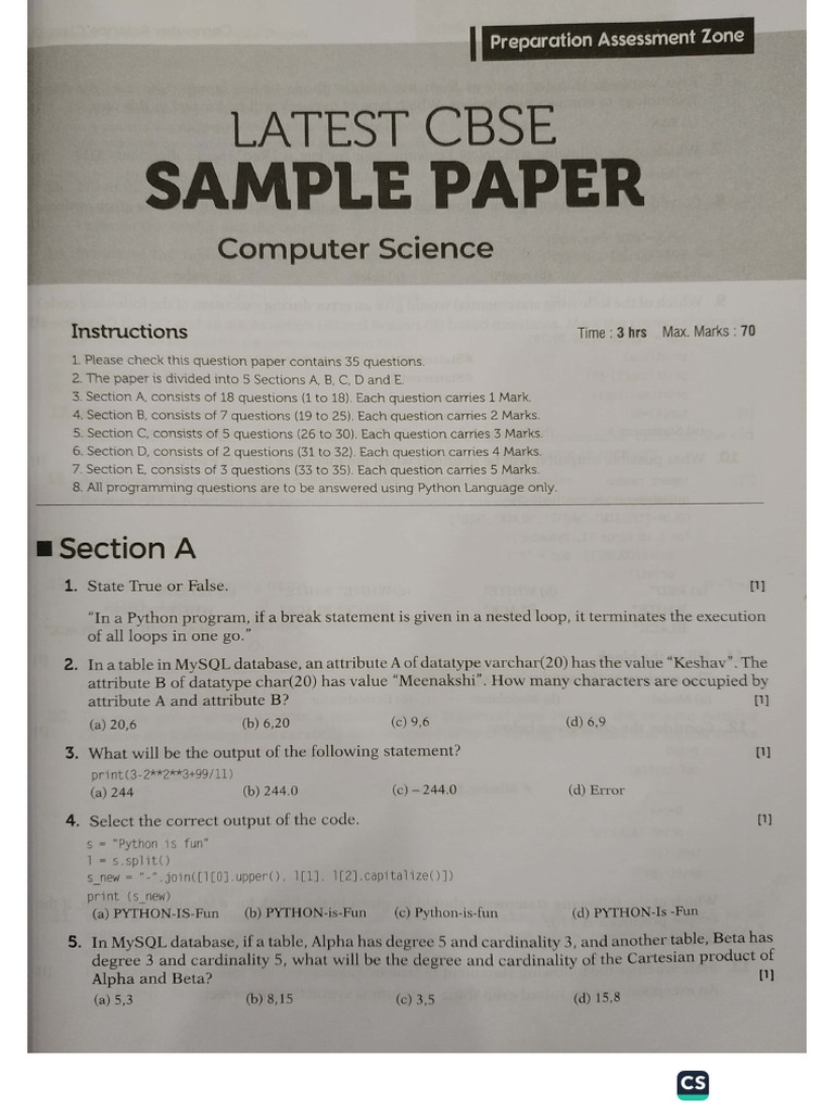 Latest Sample Paper CS | PDF