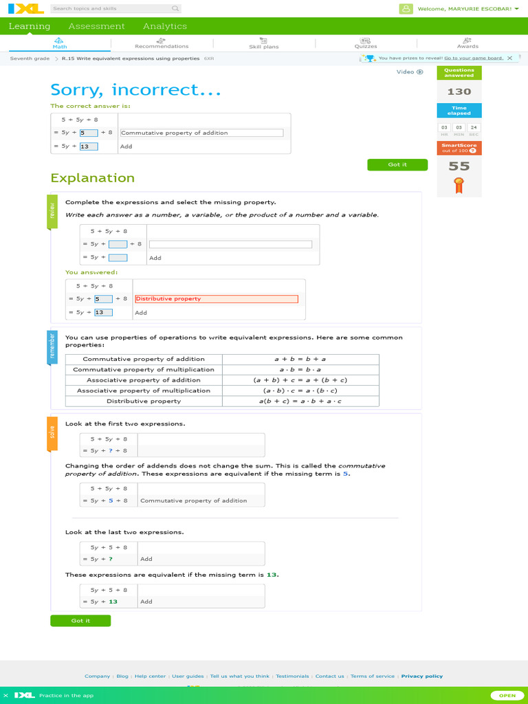 IXL Write Equivalent Expressions Using Properties 7th Grade Math | PDF