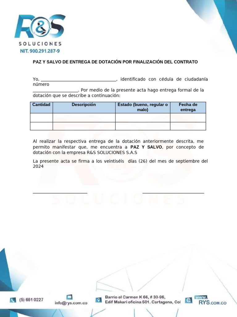 Paz y Salvo - Dotación | PDF