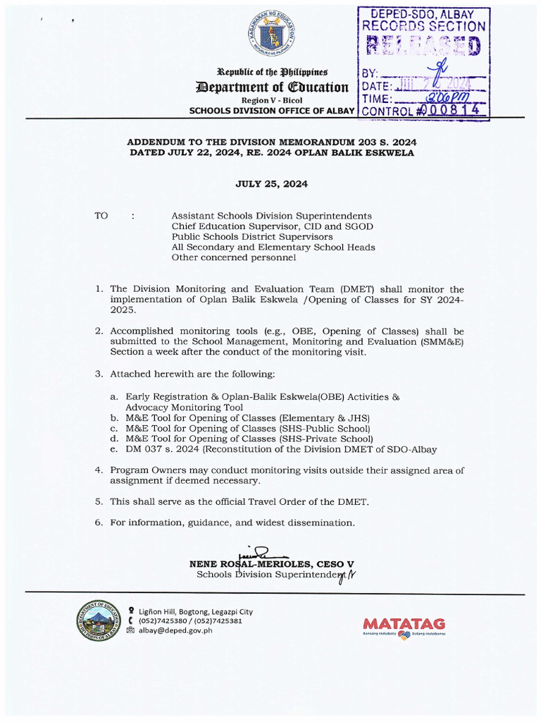 Addendum To The Division Memorandum 203 S. 2024 Dated July 22 2024 Re ...