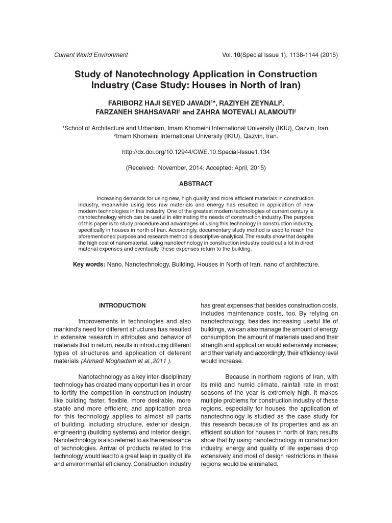 Study of Nanotechnology Application in Construction Industry (Case Study Houses in North of Iran ...