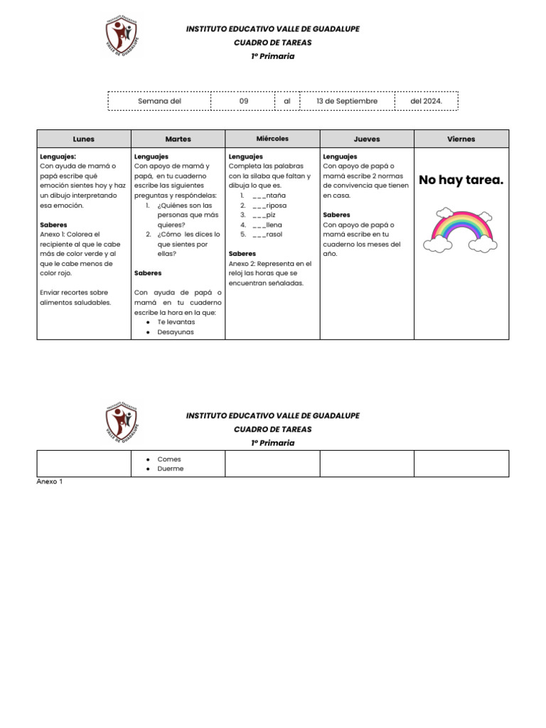 Cuadro de Tareas 1° Primaria | PDF
