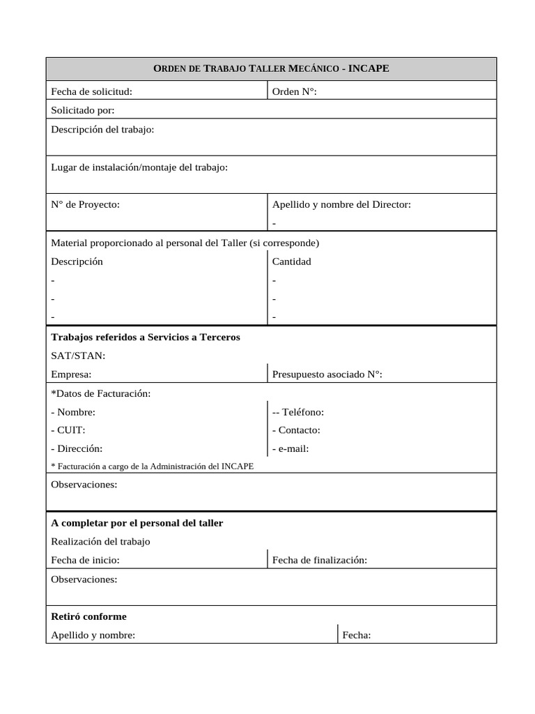 Orden de Trabajo Taller A-Completar-Nuevo-Formato | PDF
