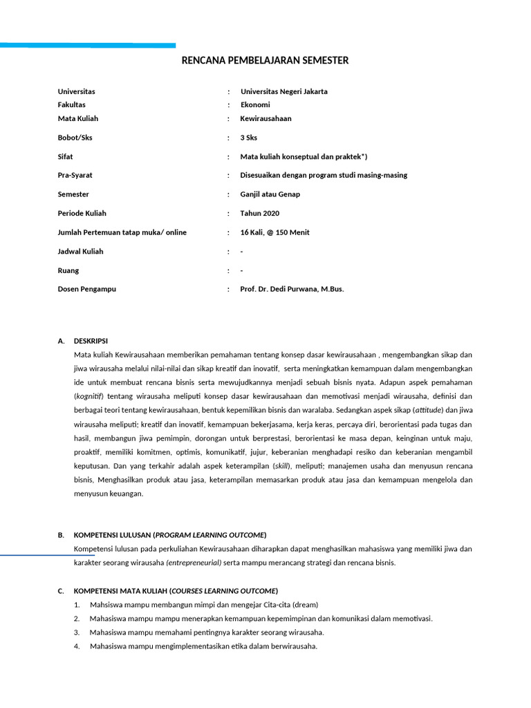 Rps Mata Kuliah Kewirausahaan 1 | PDF