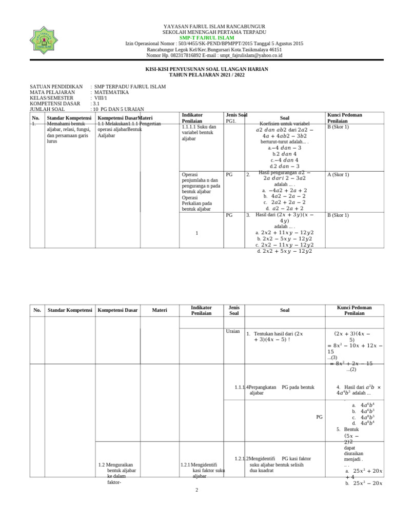 Kisi-Kisi Uh Matematika Kelas Viii | PDF