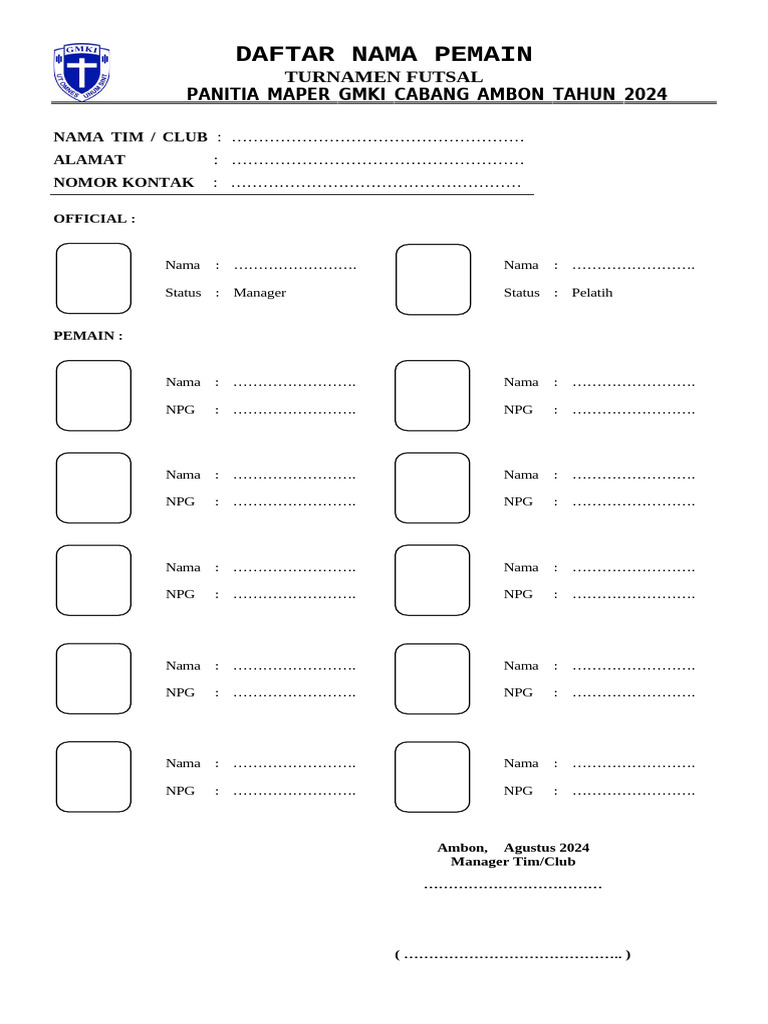 Daftar Nama Pemain: Panitia Maper Gmki Cabang Ambon Tahun 2024 | PDF