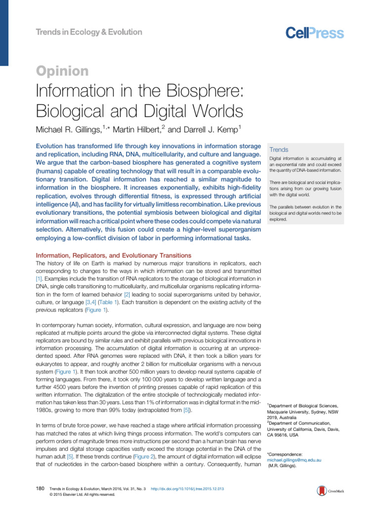 Gillings Et Al - 2016 Information in The Biosphere | PDF