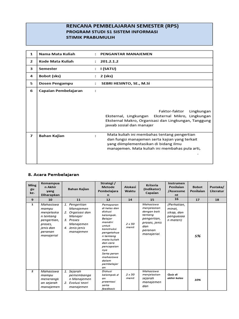 Format Rps Pengantar Manajemen PDF | PDF
