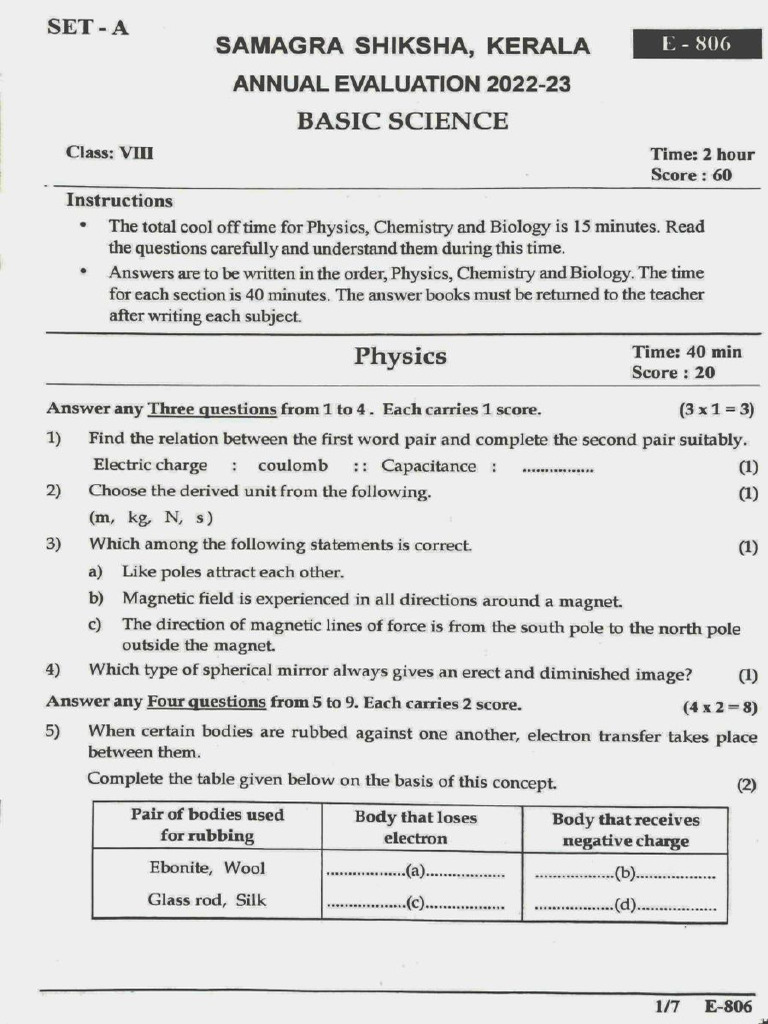 BASIC SCIENCE (EM) Question Paper Kerala Class 8 Annual Exam March 2023 | PDF