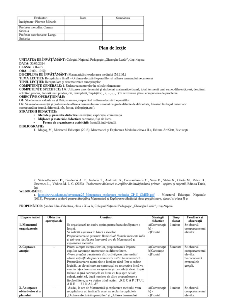 Plan Lectie MEM - 30.05 - Cls A II-A B | PDF