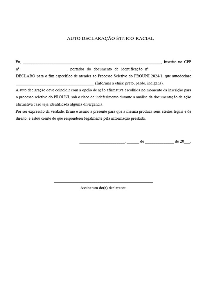 Auto Declaração Étnico-Racial PROUNI 2024 | PDF