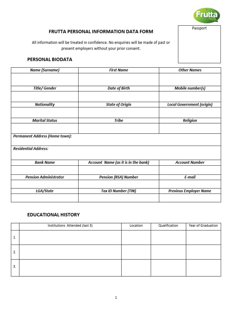 Frutta Personal Data Form | PDF
