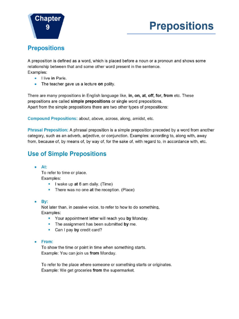 Chapter 9 - Prepositions | PDF