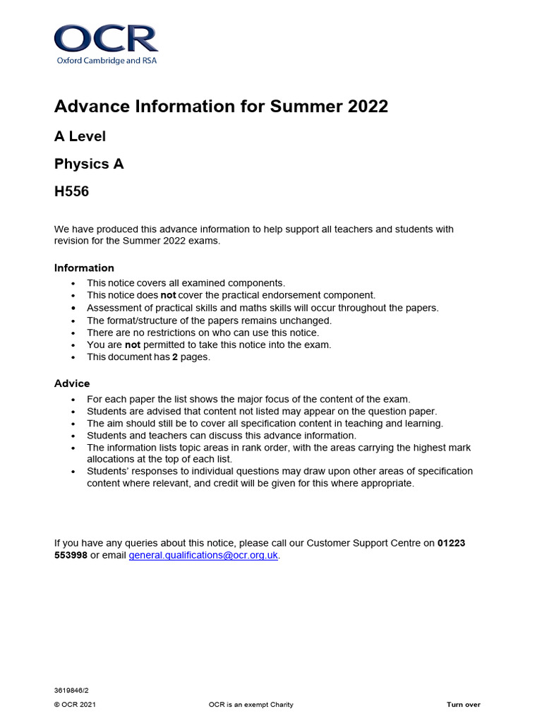 H556 A Level Physics A Advance Information - Jun2022 | PDF | Physics | Technology & Engineering