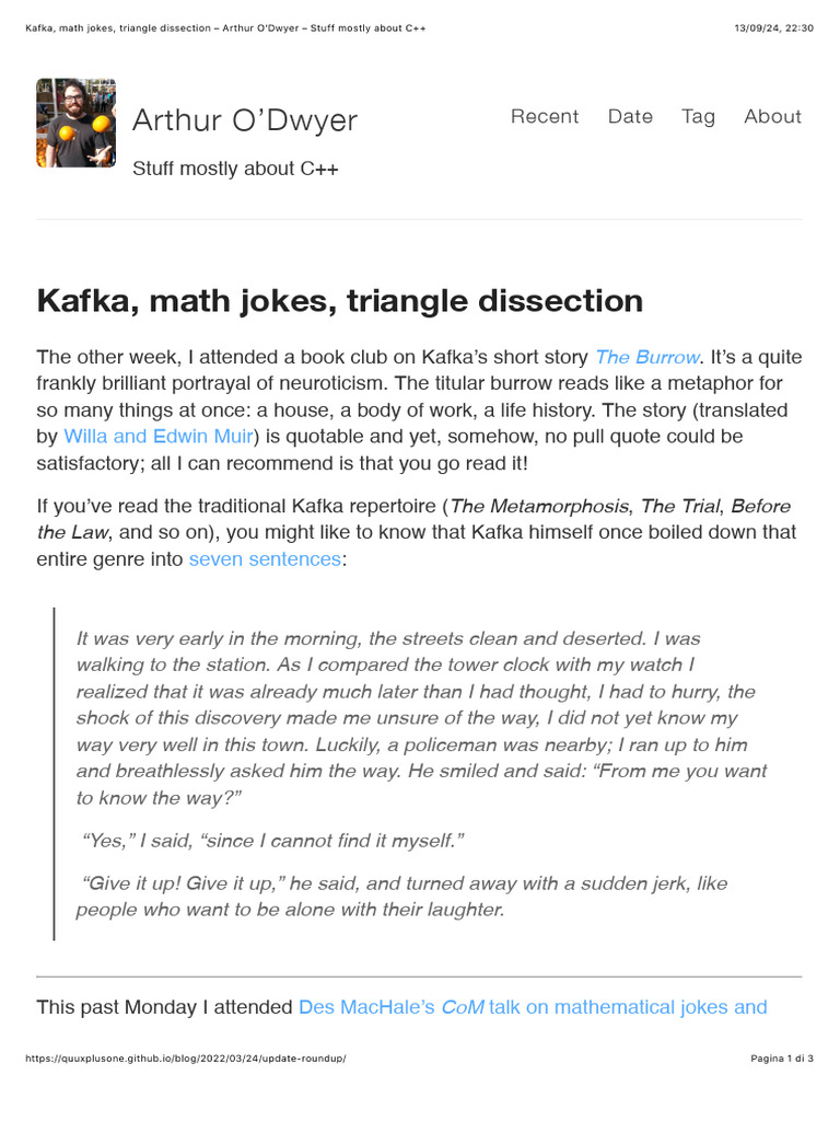 Kafka, Math Jokes, Triangle Dissection - Arthur O'Dwyer - Stuff Mostly About C++ | PDF