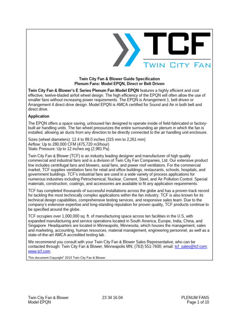 Epqn Specification 233416 04 Plenum Fans | PDF