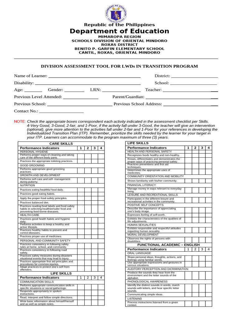 Assessment Form For SPED Transition Learners | PDF