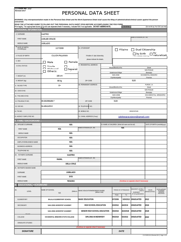CS Form No. 212 Personal Data Sheet Revised | PDF
