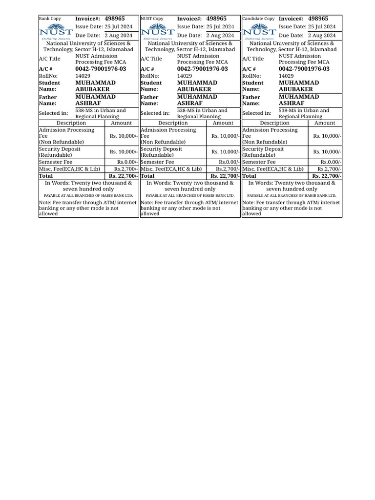 NUST Fee Invoice | PDF