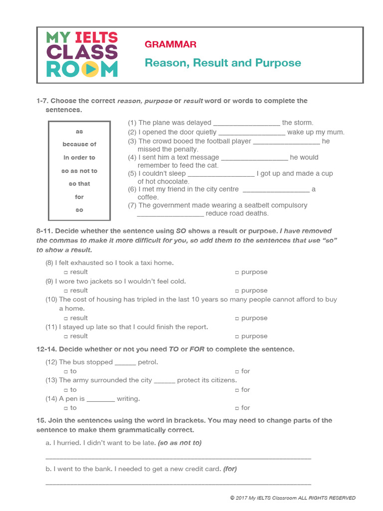 Grammar 4 Reason, Result and Purpose | PDF