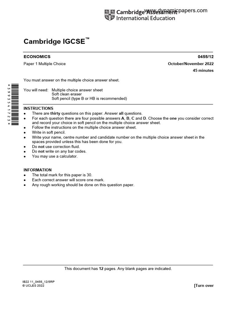 Cambridge IGCSE: Economics 0455/12 | PDF