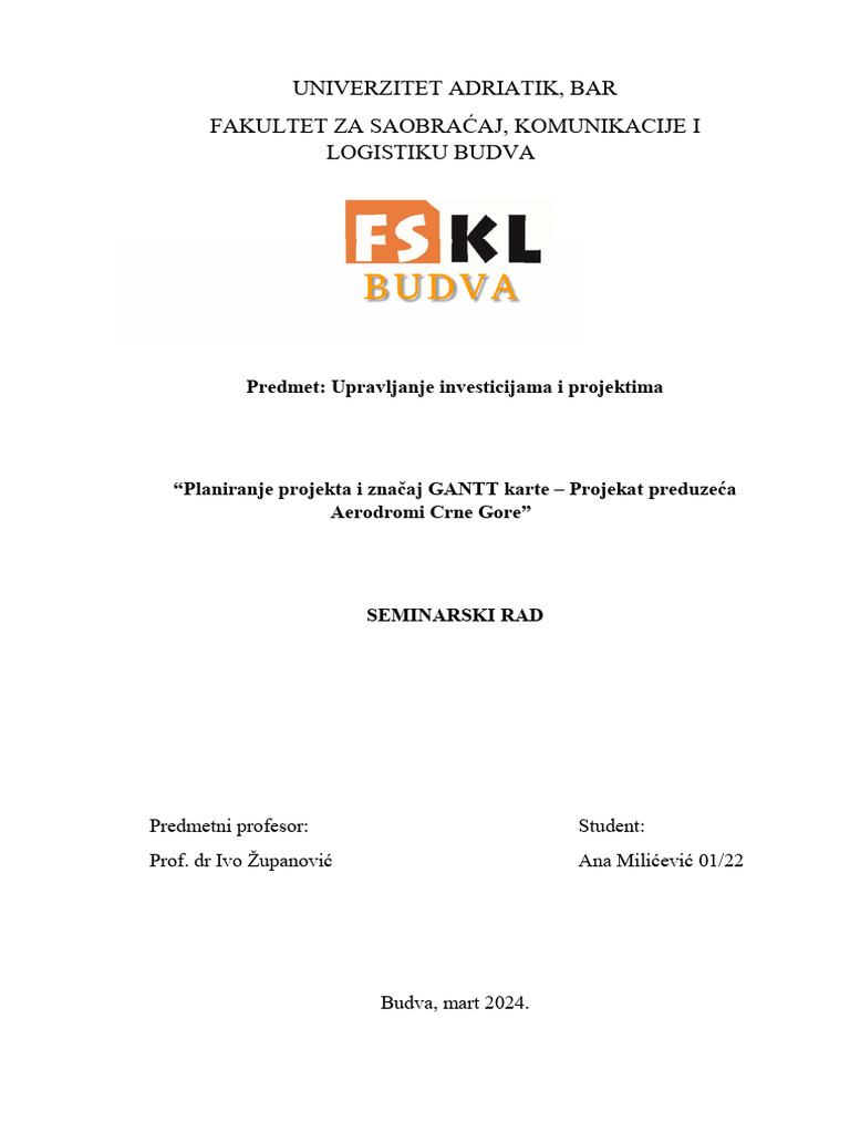 Planiranje Projekta I Značaj Gantt Karte - Ana Milićević 0122 | PDF