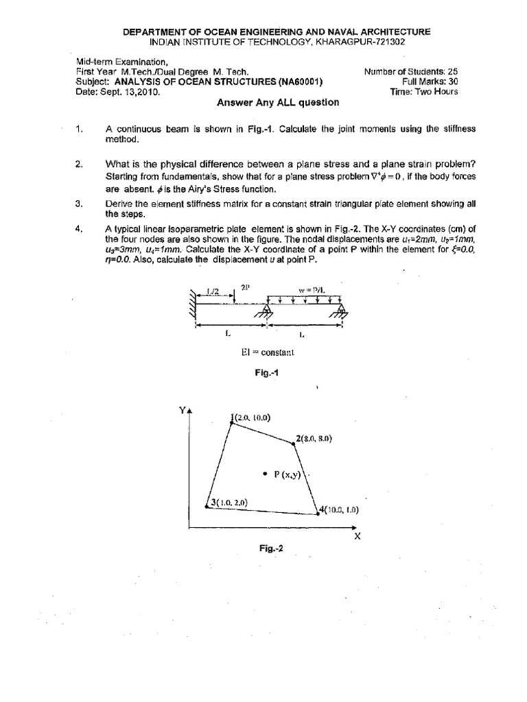 2010 Mid Autumn 2010 OCEAN ENGG Analysis of Ocean Structures | PDF