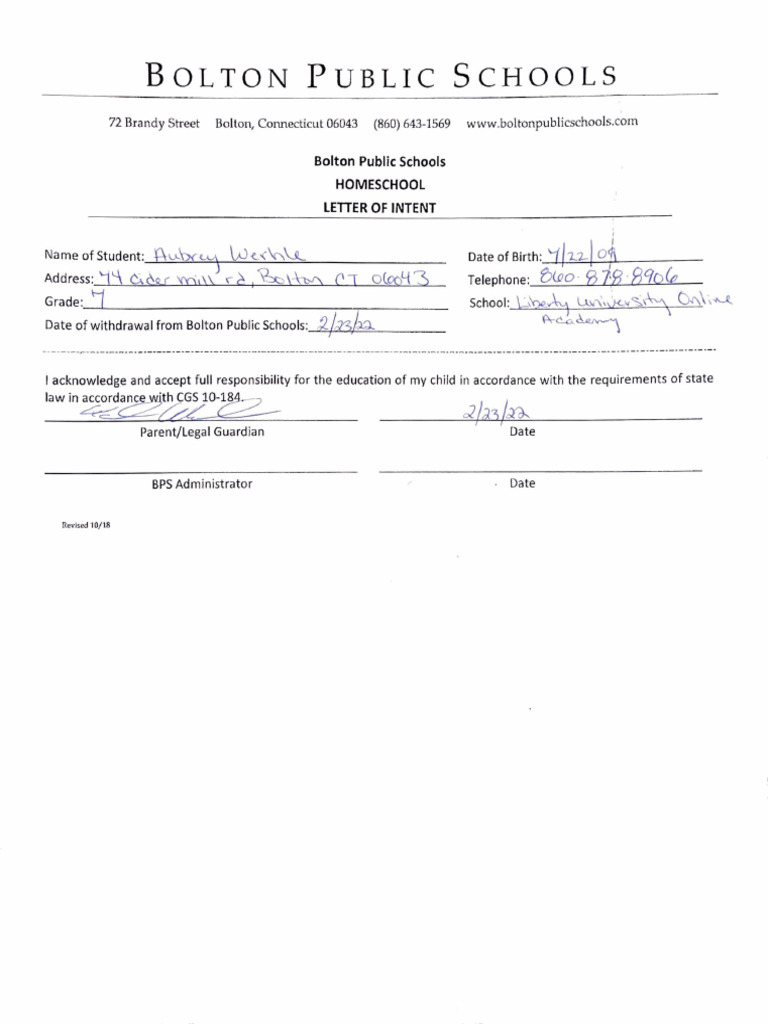 Bolton Middles School Letter of Intent Withdrawal Form | PDF