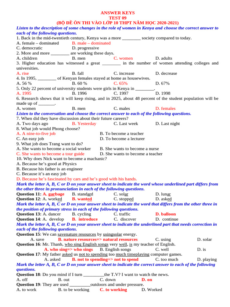 Answer Keys for Test 09: Class 10 Entrance Exam Prep | PDF