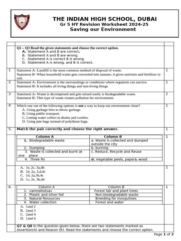 GR 5 WS QP Saving Our Environment | PDF
