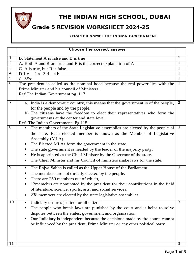 Gr5 - The Indian Government - Revision Worksheet Ms | PDF