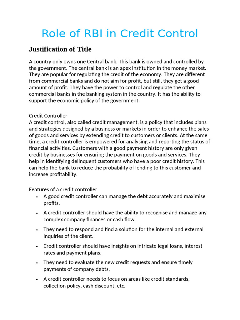 Role of RBI in Credit Control | PDF