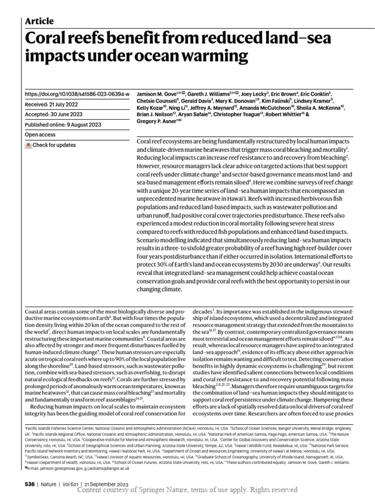 Coral Reefs Benefit From Reduced Land-Sea Impacts | PDF