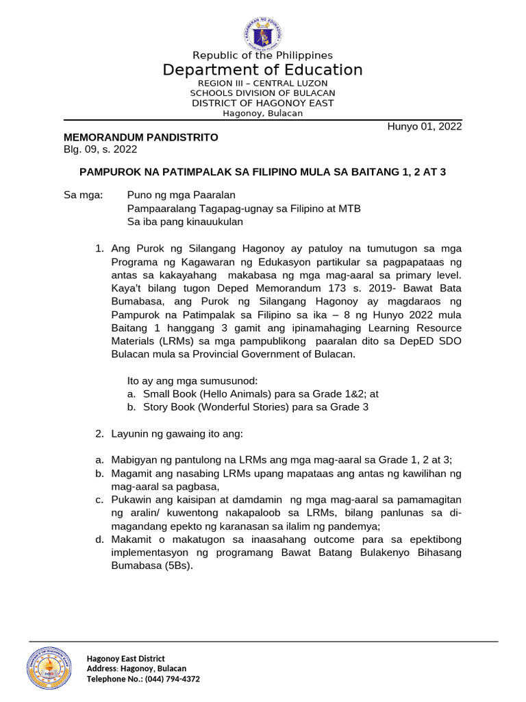 Hed Filipino 5BS Memo 2022 | PDF