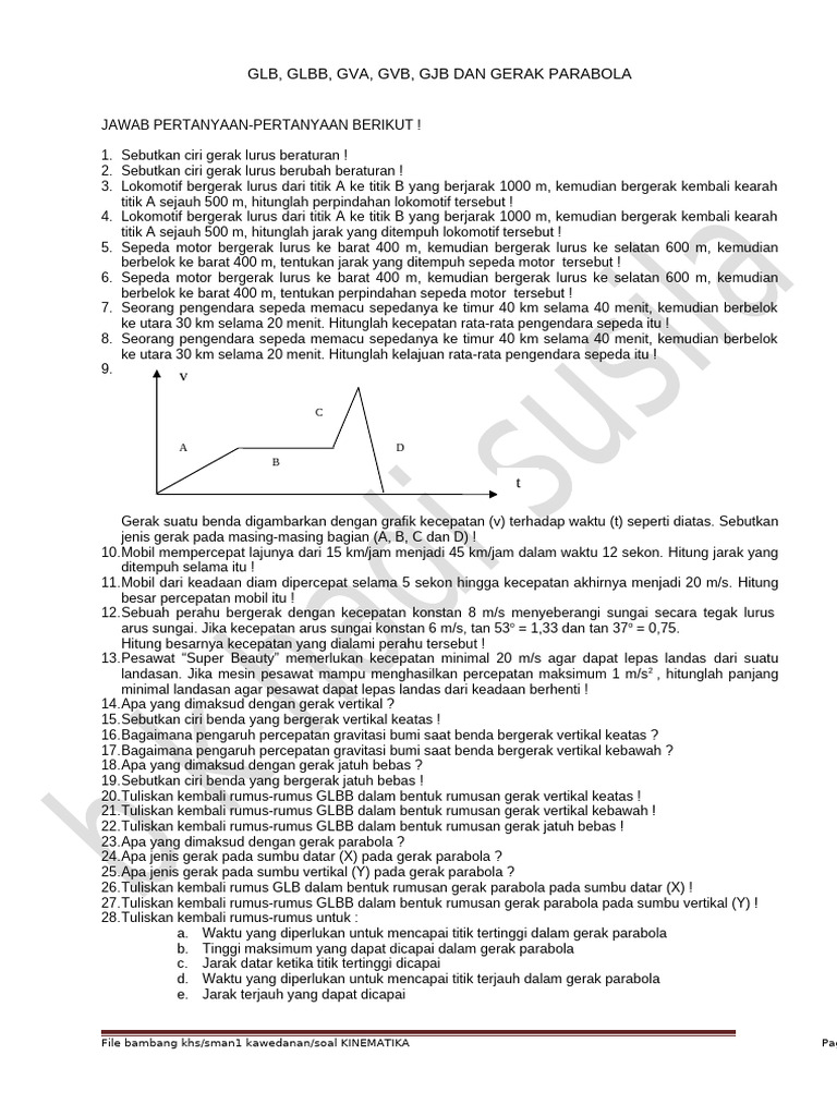 Soal GLB, GLBB, GVA, GVB, GJB, G Parabola Kelas XI TH 2023 - 2024 | PDF