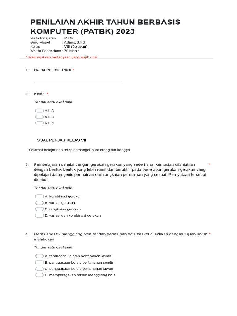 PAT PJOK Kelas 8 2023 - Google Forms | PDF