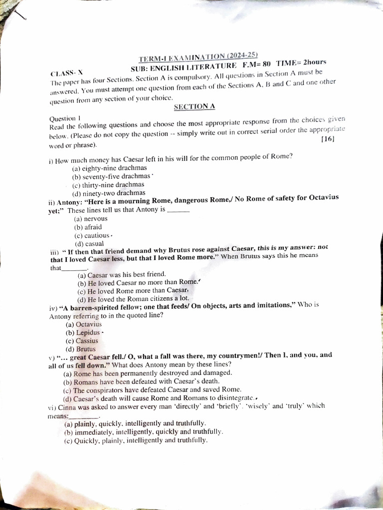 QMS. English Literature (First Term, Question Paper) | PDF