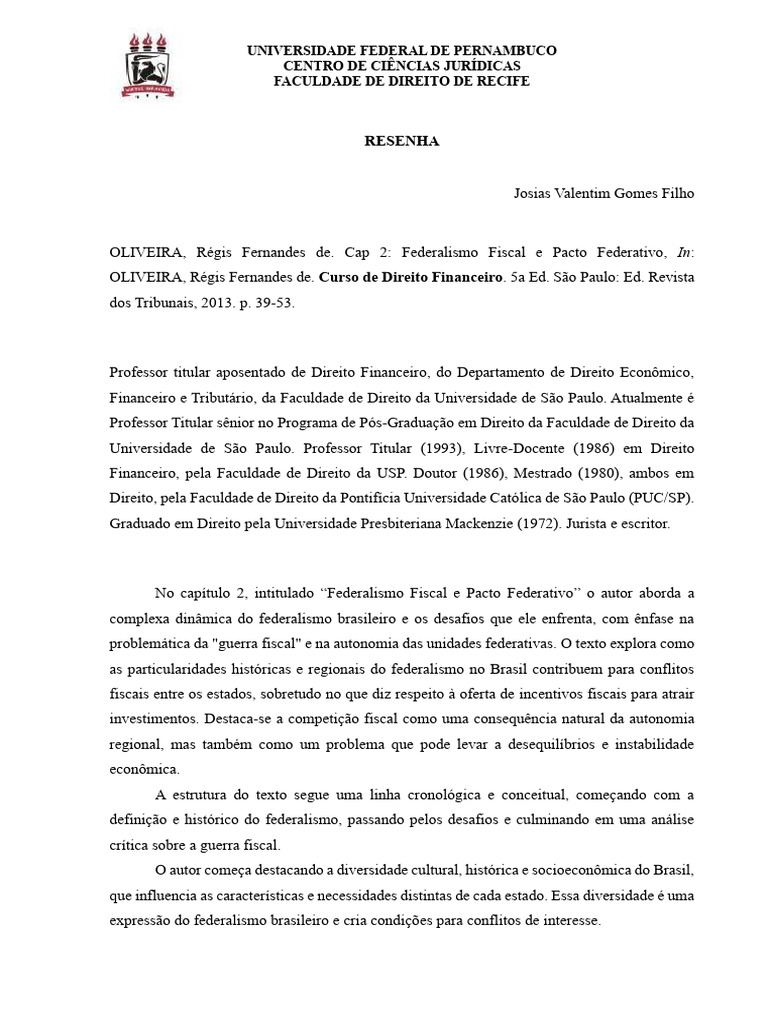 RESENHA - CAP. 2 Federalismo Fiscal e Pacto Federativo - OLIVEIRA ...
